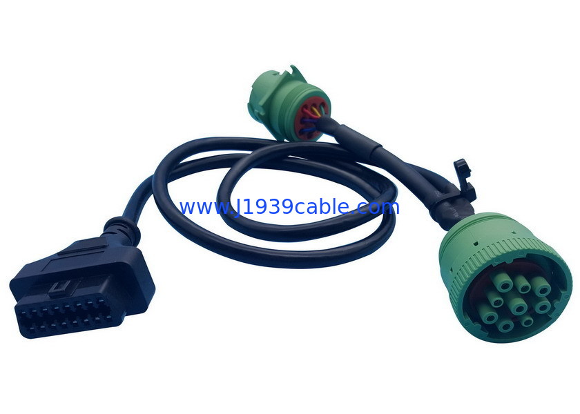 Green Deutsch 9 Pin J1939 Female to OBD2 OBD-II 16 Pin Female and J1939 ...
